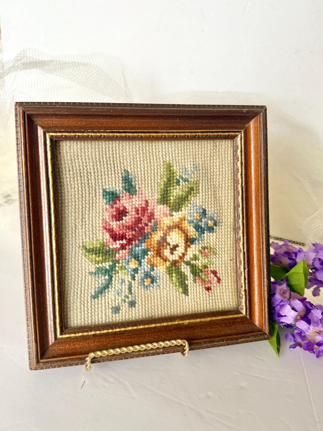 Vintage Needlepoint Wall Art, Wood Frame, Hand Stitched, Home Decor ...