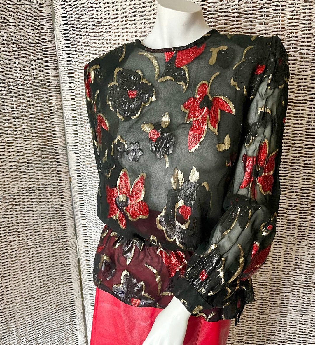 Lurex Metallic Sheer Top, Vintage Blouse, Blouson, Bold Floral Pattern ...
