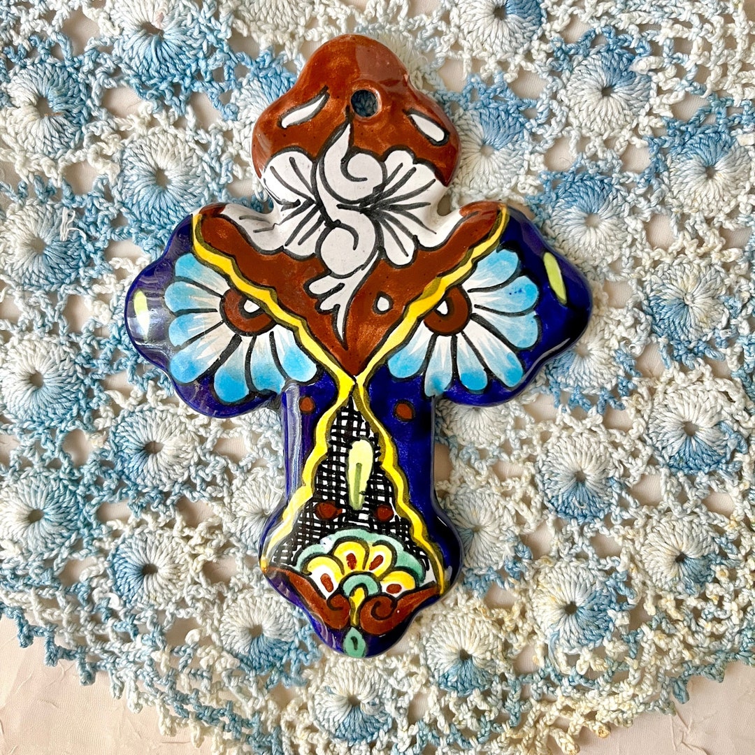 Vintage Wall Cross, Mexico Pottery, Talavera Style, Hand Painted ...