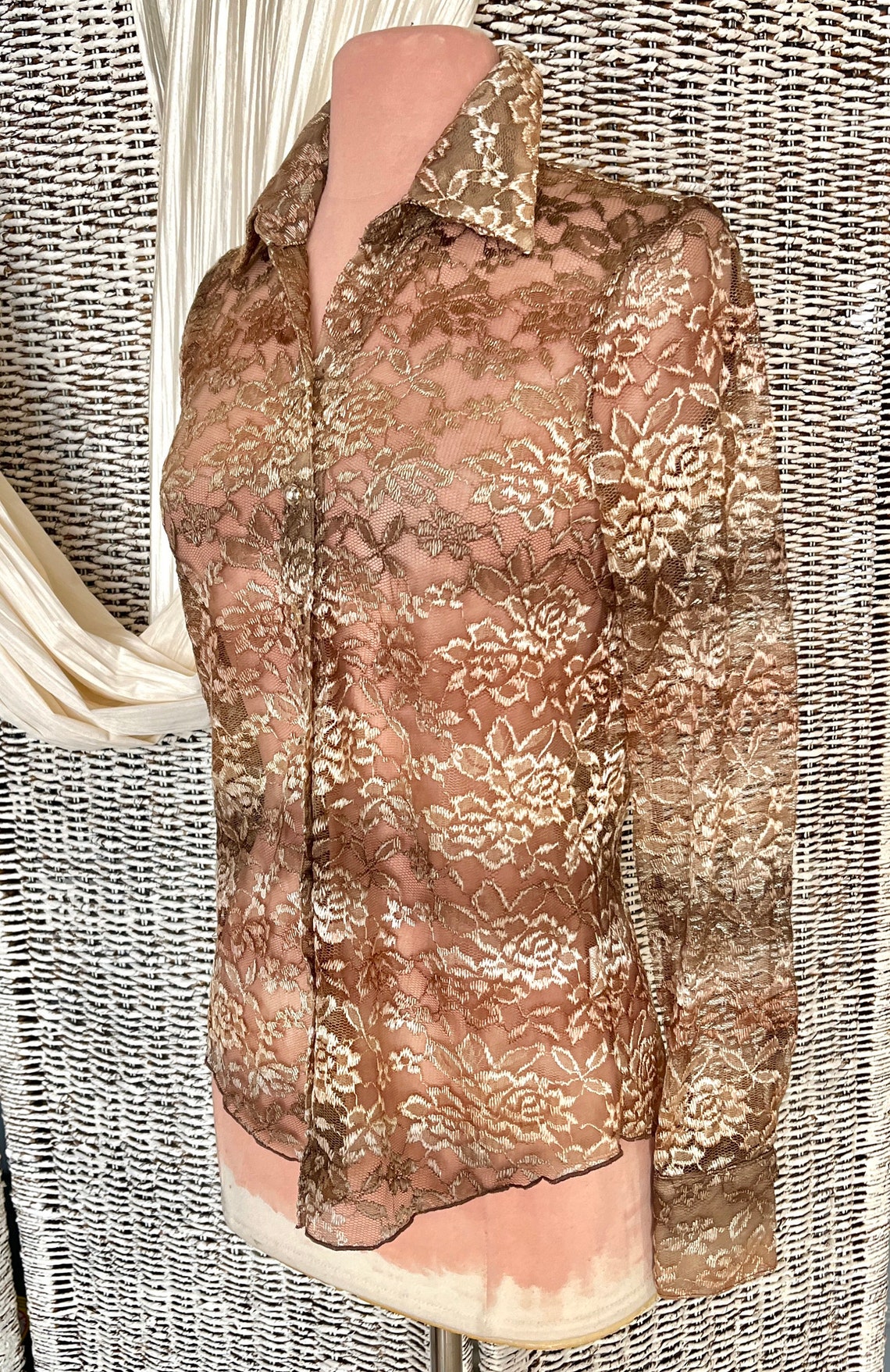 Vintage Lace Top Sheer Cut Out Rhinestone Button Front - Etsy