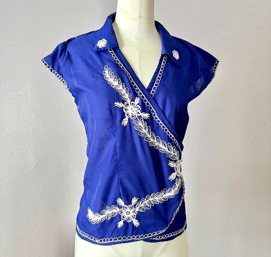 Embroidered Cotton Top, Cross Over Wrap Style, Deep-v, Cap Sleeves ...