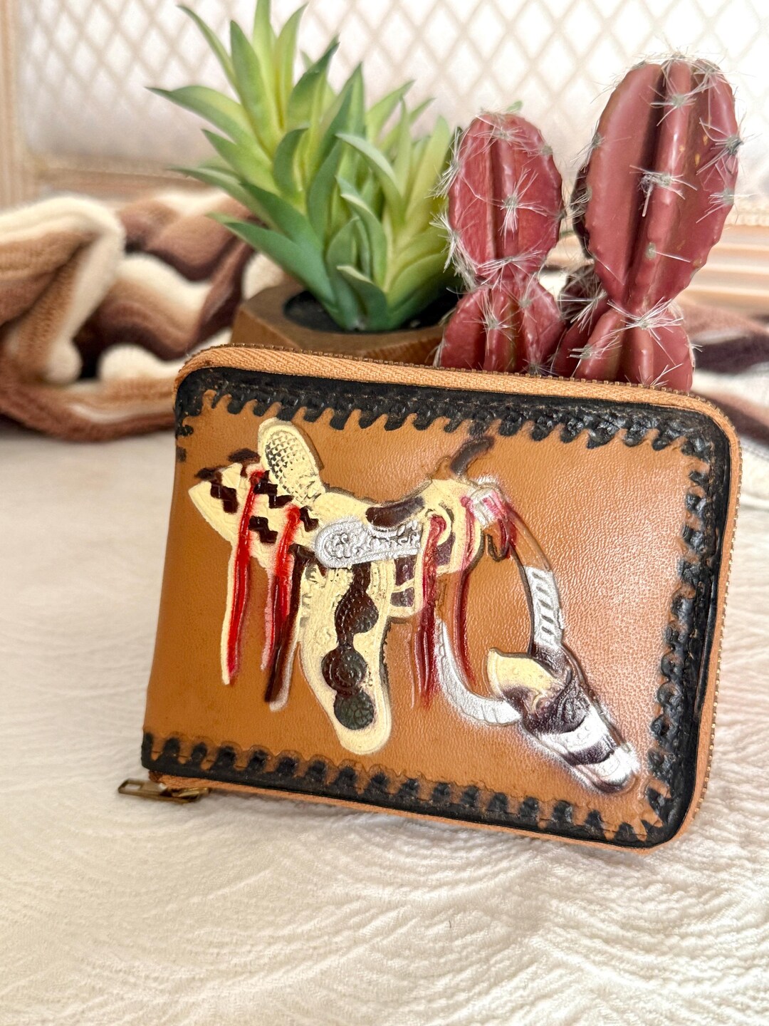 Vintage Tooled Leather Wallet: Cowboy Western Zip Around Clutch - Etsy