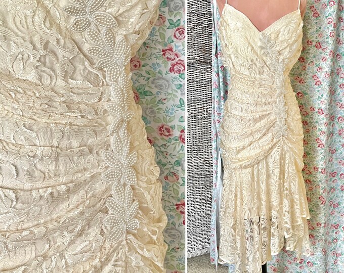 Vintage Lace Slip Dress All Over Lace Dress Beaded Dress Ruched