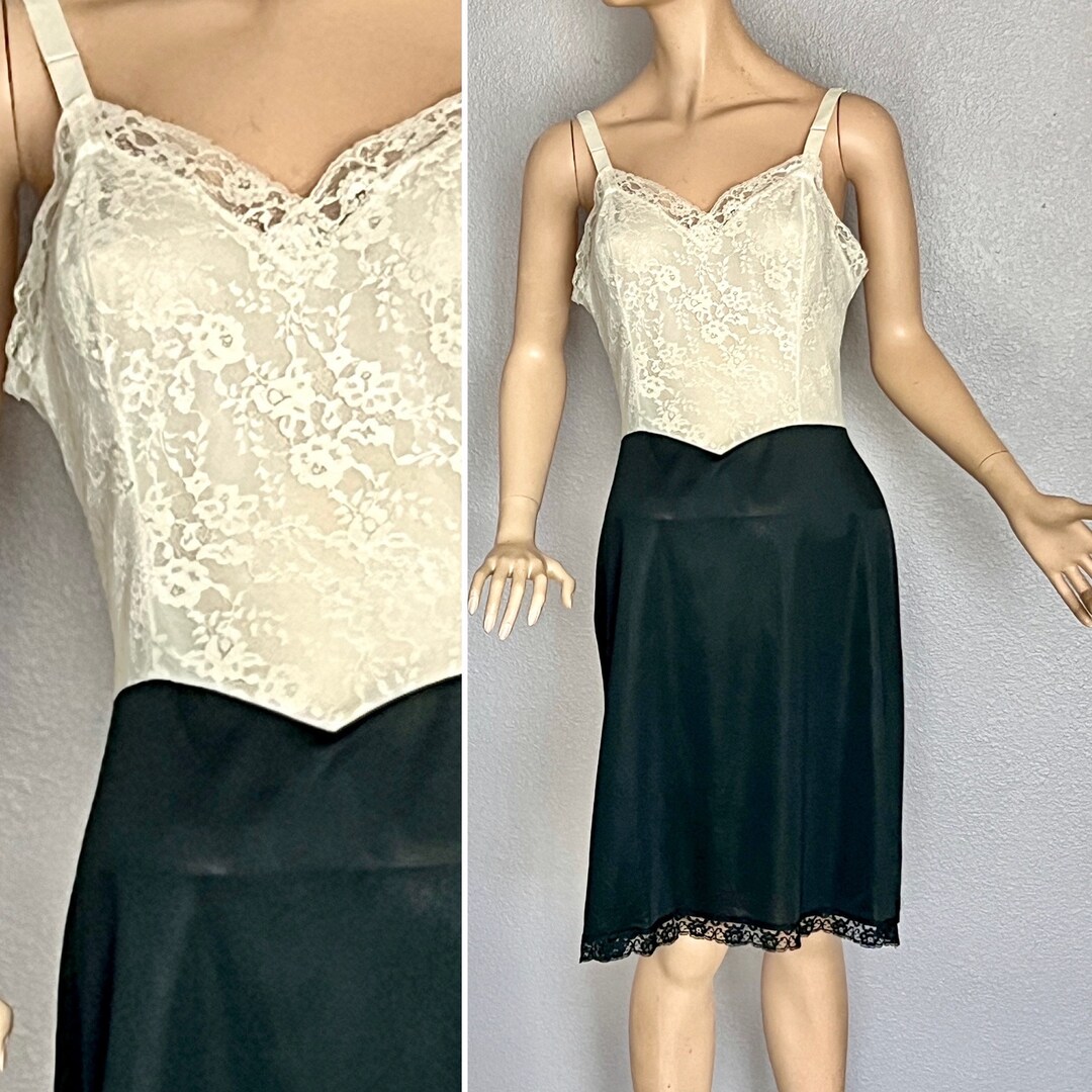 Vintage Slip Dress, Black and White, Sheer Illusion Lace, Nightie ...