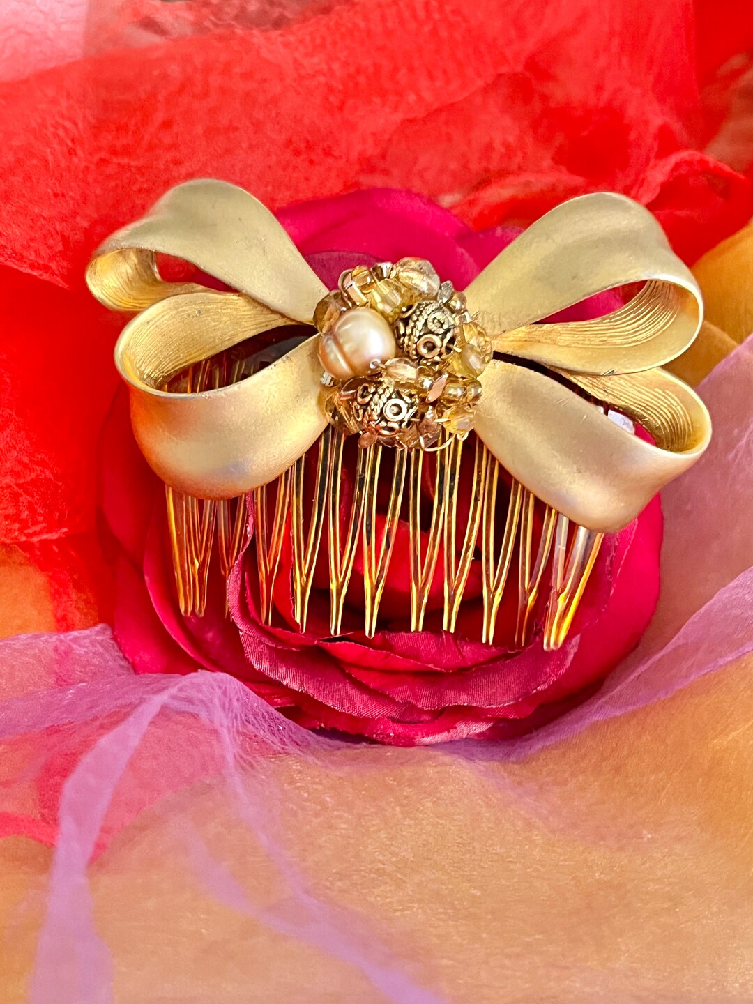 Gold Bow Hair Comb, Tortoise Lucite, Beaded, Jeweled Hair Ornament ...
