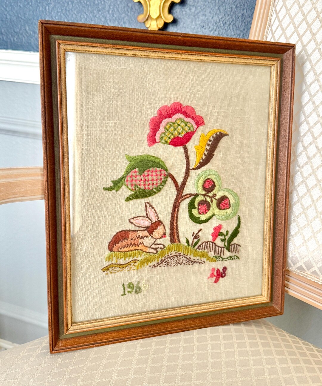 Vintage Crewel Embroidery Wall Art: Bunny Rabbit & Flowering Tree, 1966 ...