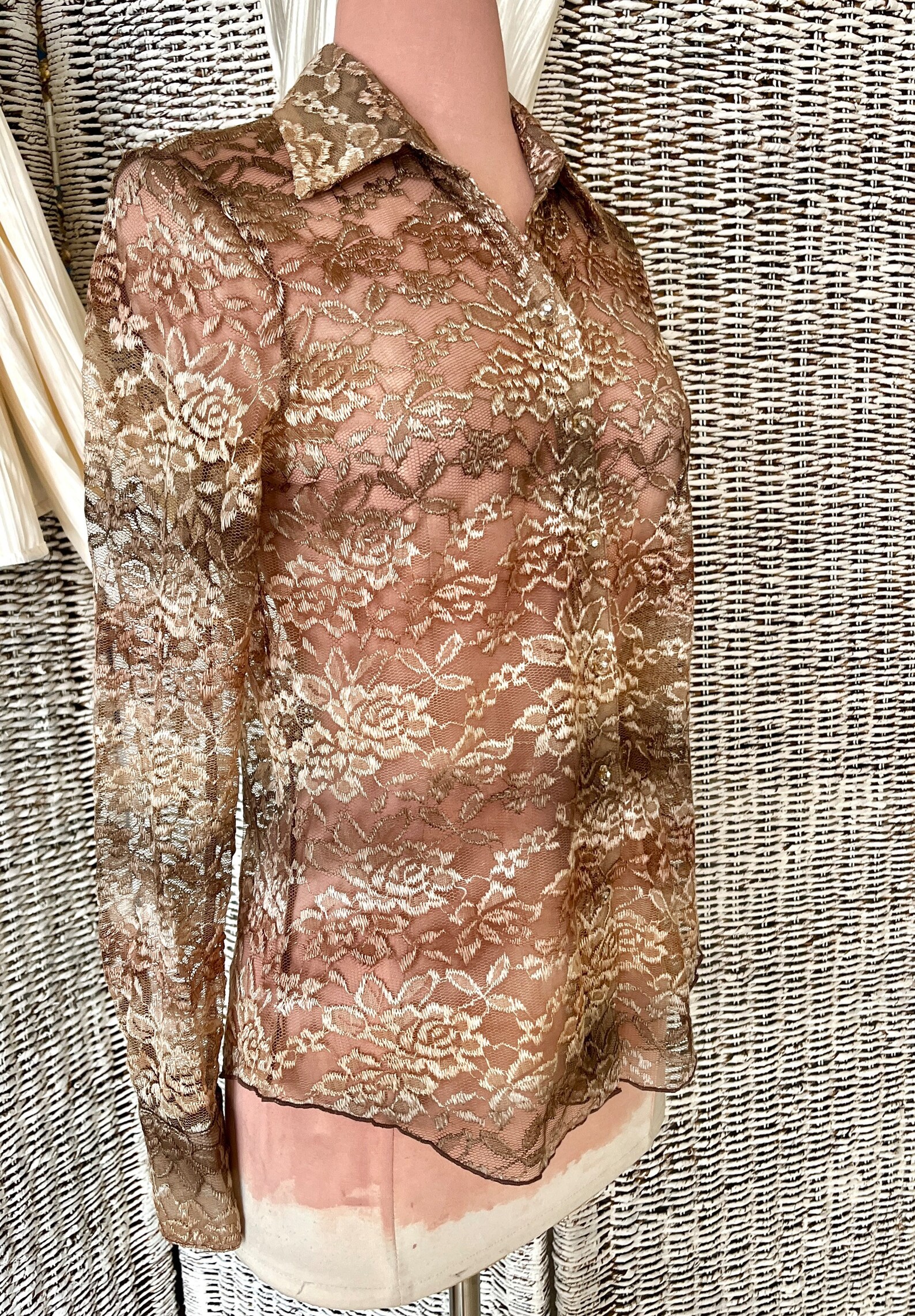 Vintage Lace Top Sheer Cut Out Rhinestone Button Front - Etsy