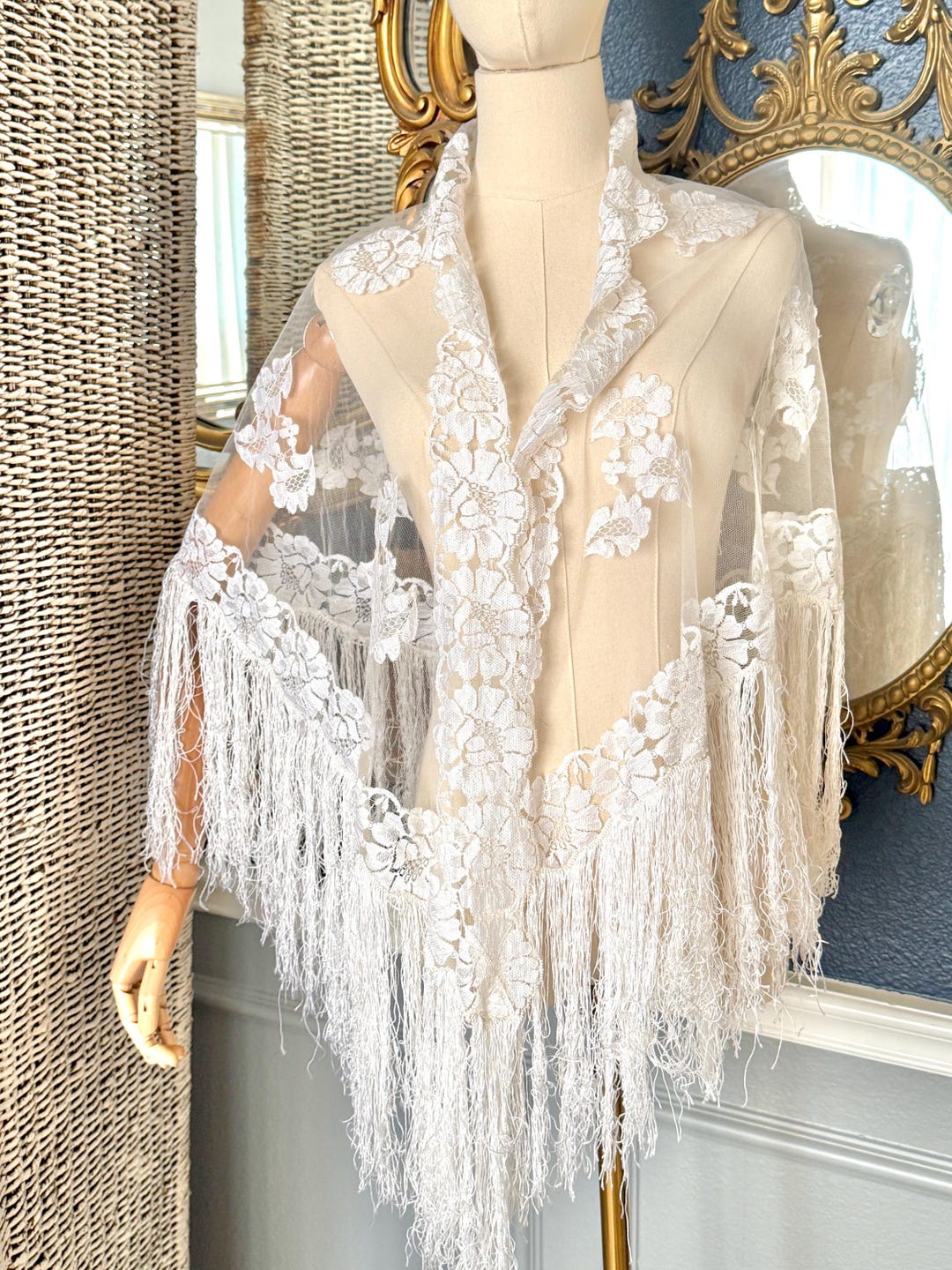 White Lace Shawl, Sheer Mesh Cut Out, Fabulous Long Fringe, Boho ...