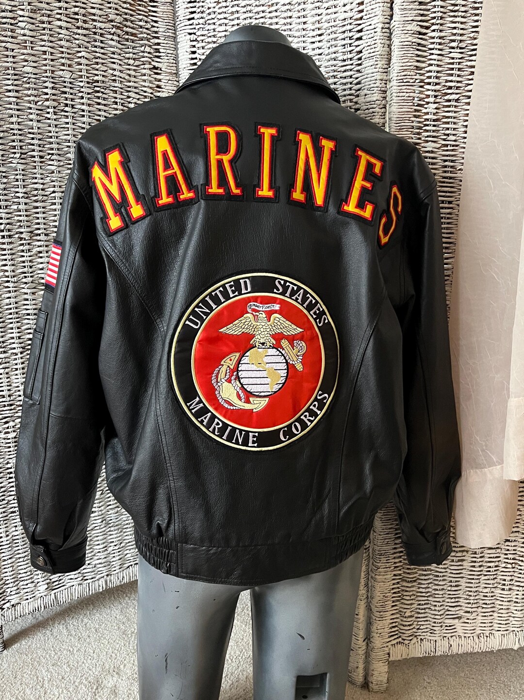 Vintage Leather Jacket, USMC Marines, Emblems Patches, Motorcycle ...