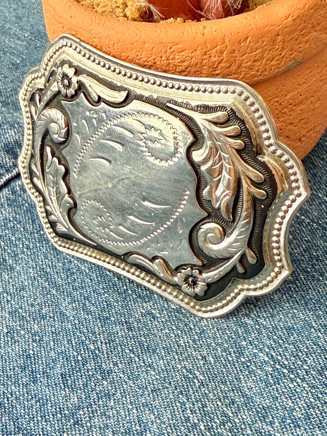 Vintage Western Belt Buckle, Engraved Design, Silvertone Metal, Enamel ...