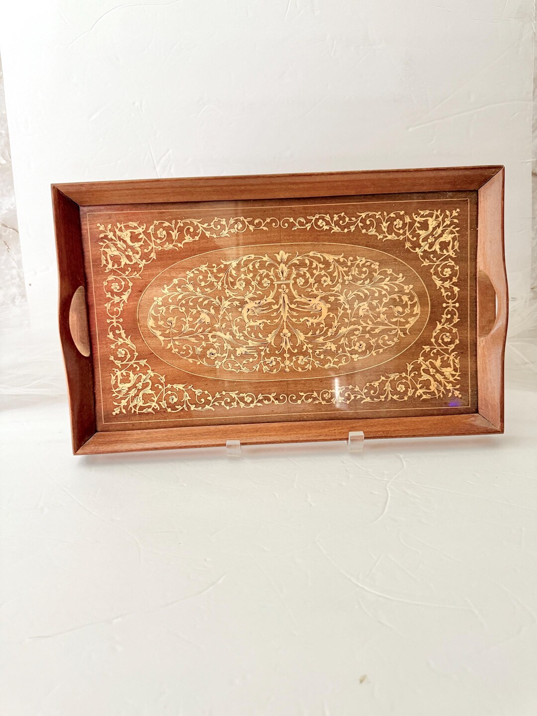 Ornate Inlaid Wood Tray, Italy, Glass Top, Dresser Tray, Tea Tray ...