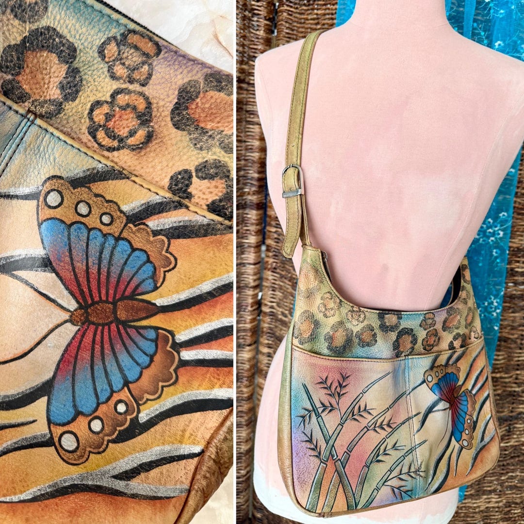 Butterfly Painted Leather Purse, Vintage Shoulder Bag, Floral Botanical ...