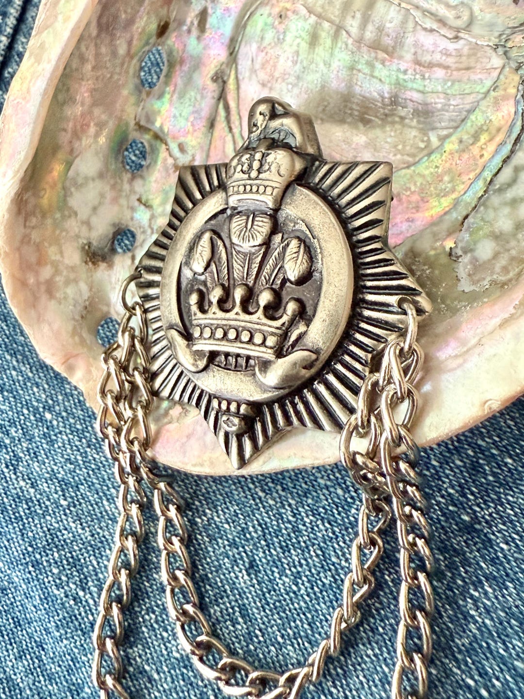 Military Style Crest Pin, Steampunk Style Brooch, Chains, Crown ...
