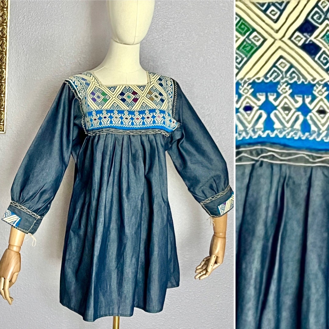 Bright Embroidery Top, Guatemala, Hippie Boho, Denim Cotton Huipil ...