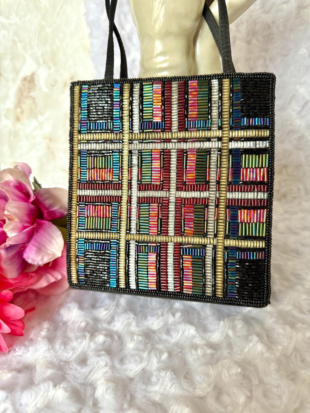 Multi Beaded Bag, Glitzy Grid Pattern, Cross Body Strap, Handbag ...