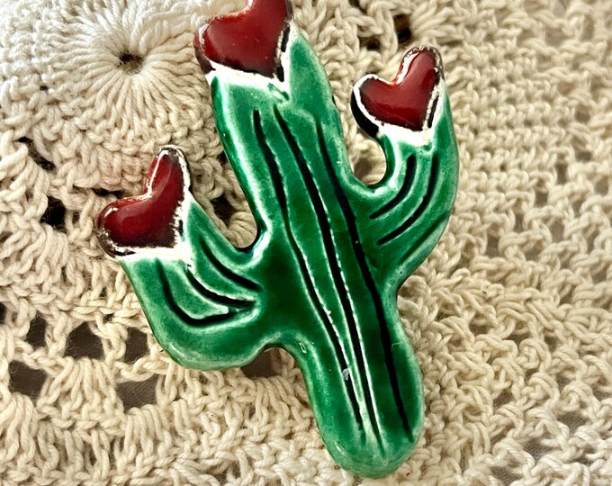 Artsy Cactus Brooch, Ceramic Pin, Cacti, Hearts, Vintage Brooch, Hand ...