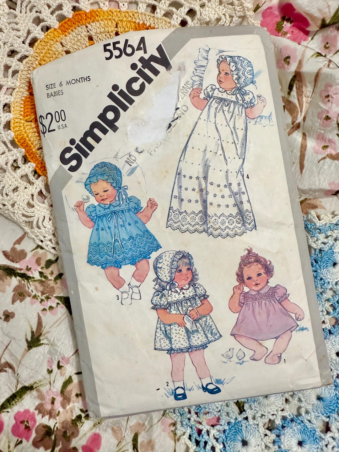 Baby Dress Sewing Pattern, Ruffles, Smocking, Christening Gown, Matching Hat, Simplicity 5564 ...