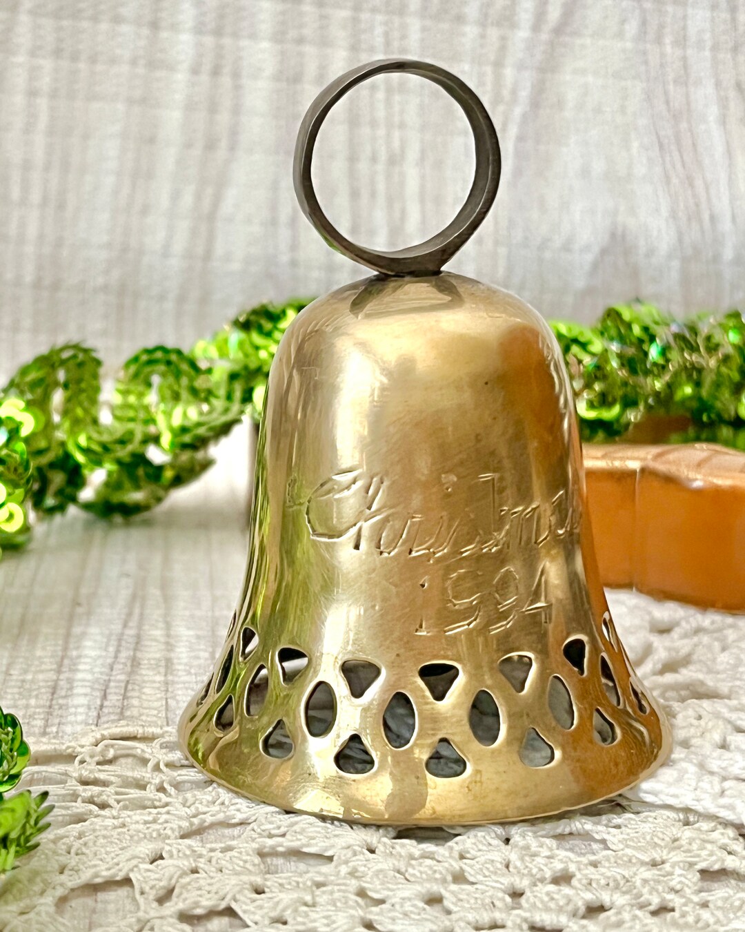 Vintage Brass Bell, Holiday Decor, Cut Out Edge, Engraved, Christmas ...