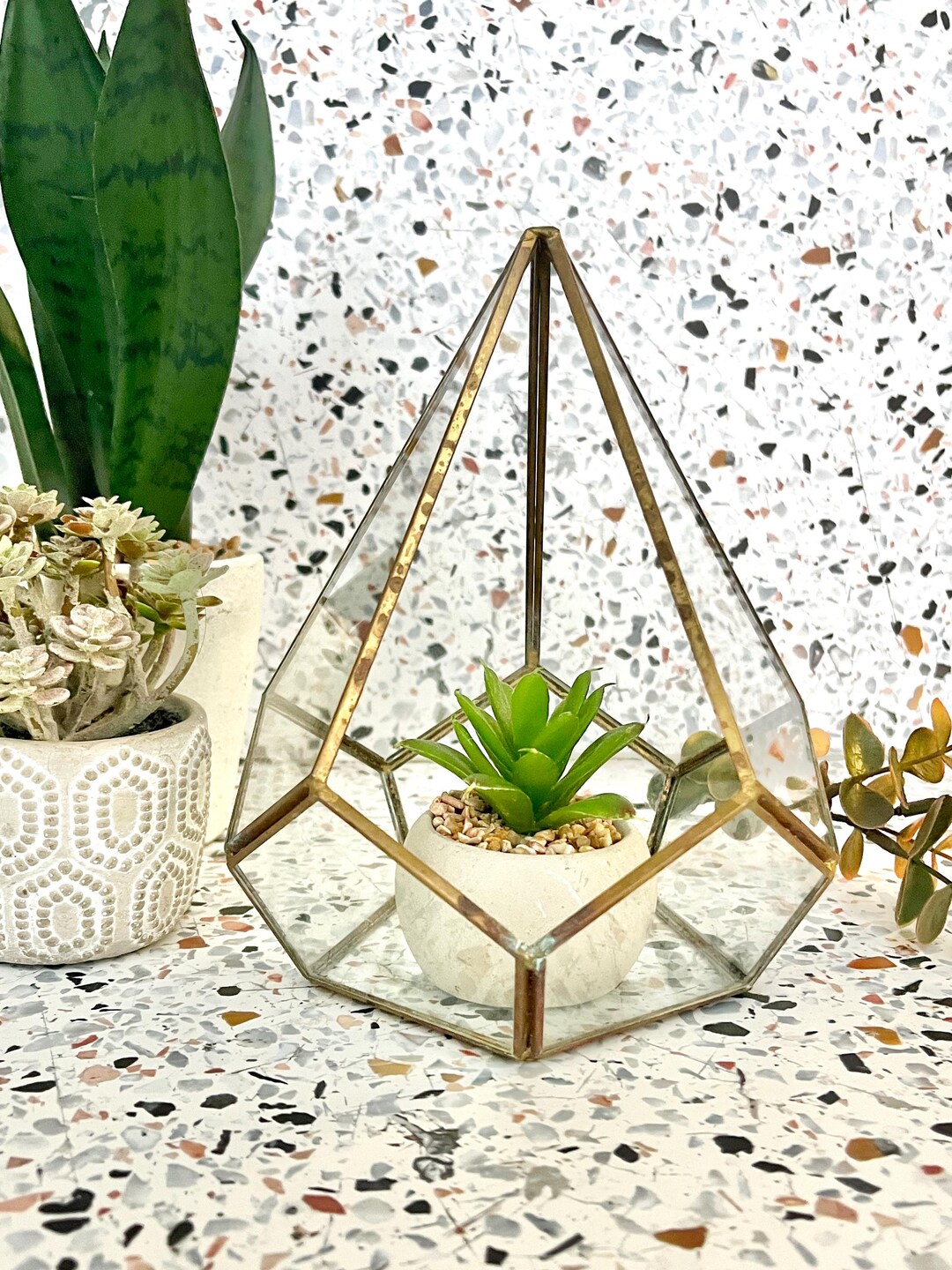 Glass and Brass Terrarium, Geometric, Table Top Display, Candle Holder ...