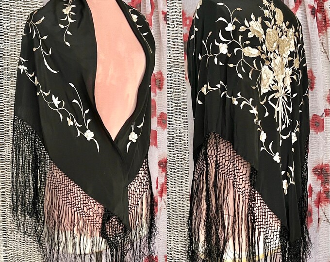 Luxe Embroidered Shawl, Long Fringe, Floral Design, Georgette Fabric ...