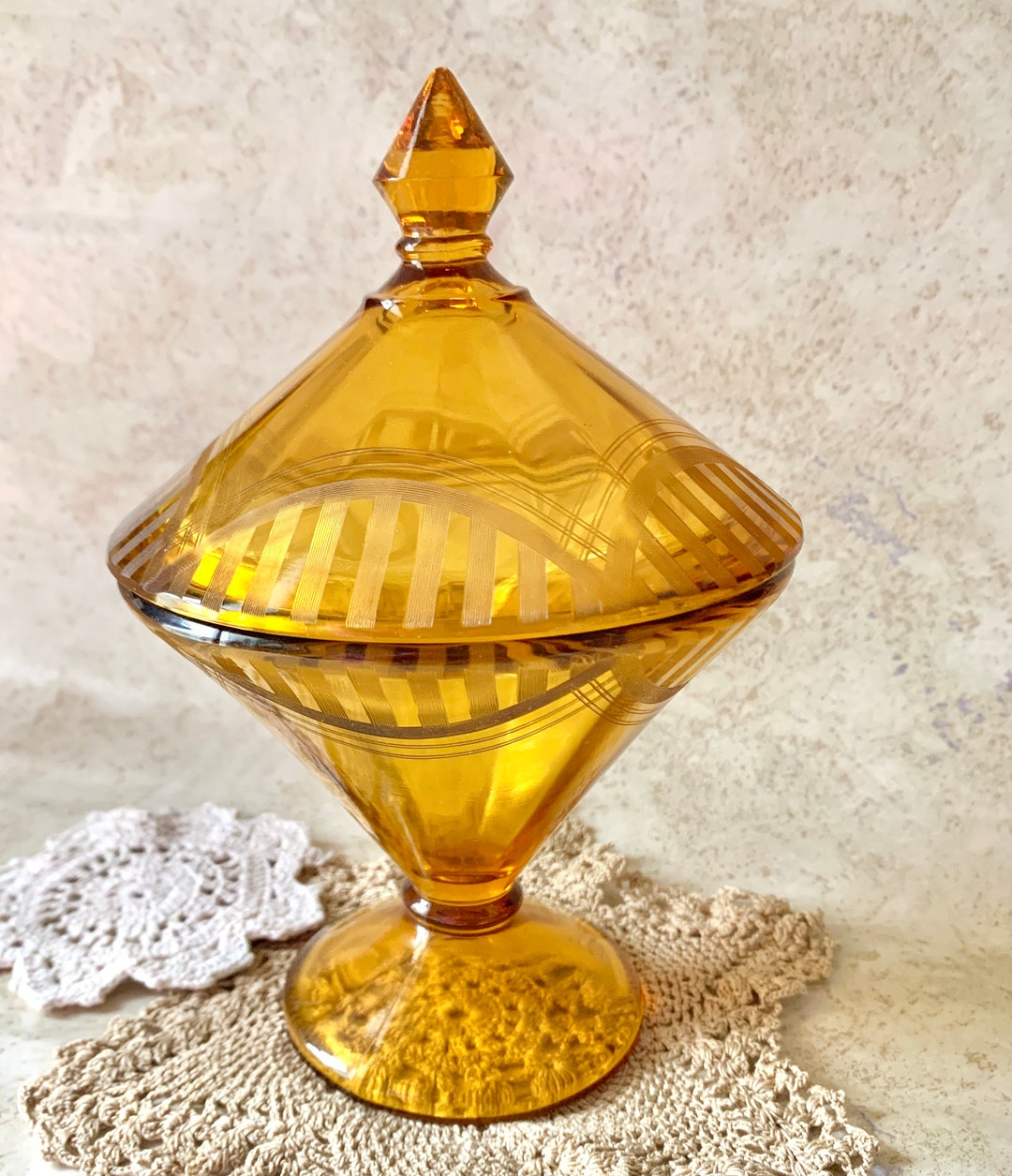 Amber Glass Jar, Etched Art Deco Design, Pedestal Jar, Engraved, Candy ...