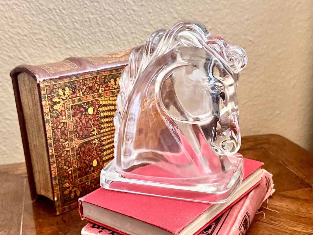 Chess Piece Bookend, Clear Glass Horse Head, Knight, Office, Library ...