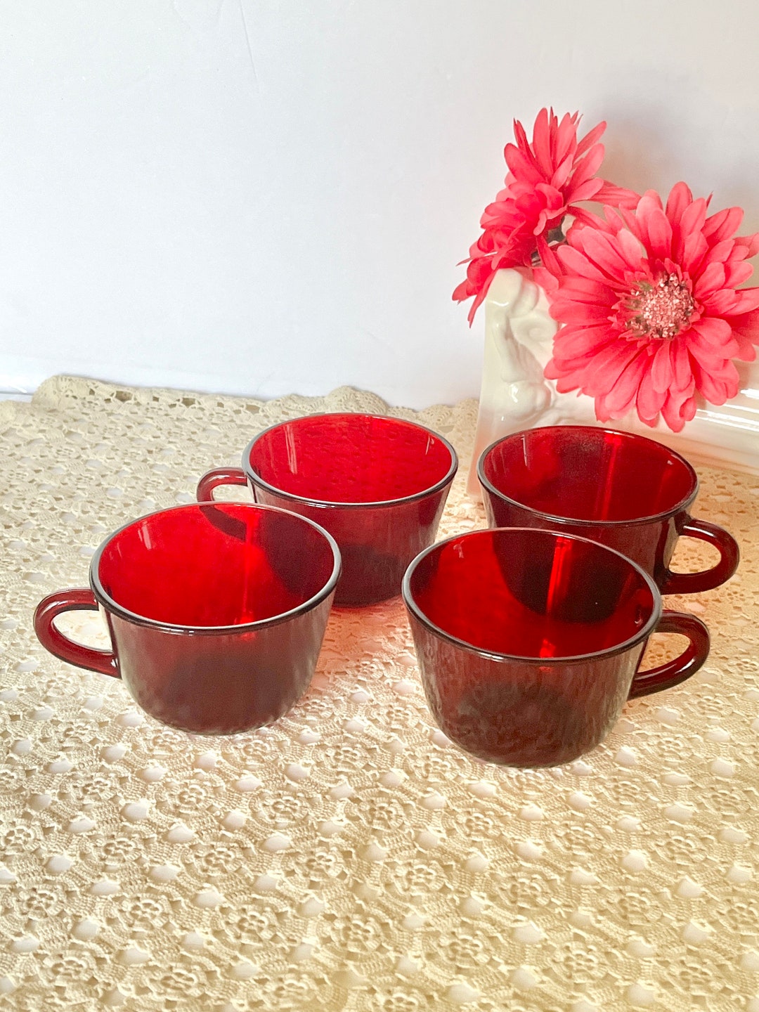 Vintage Red Glass Cups, Coffee Cups, Clear Red Glass Mugs, Set 4, Mid ...