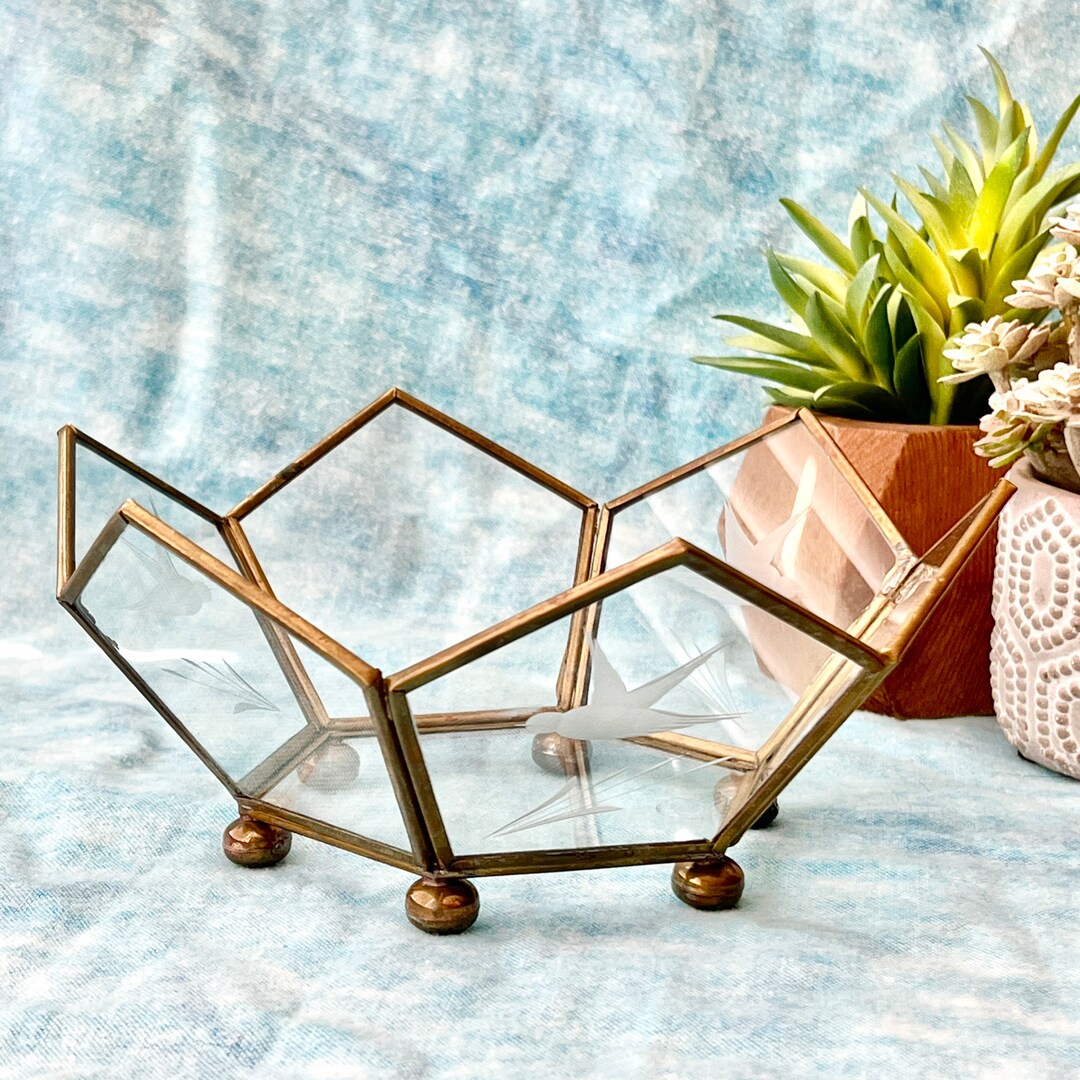 Glass and Brass Dish, Etched Design, Geometric Shape, Table Top Bowl ...