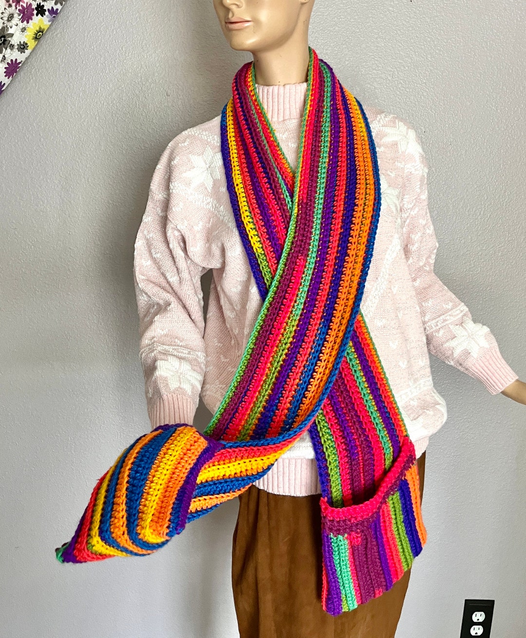 Rainbow Colors Scarf, Hand Knit Accessory, Winter Scarf With Hand ...