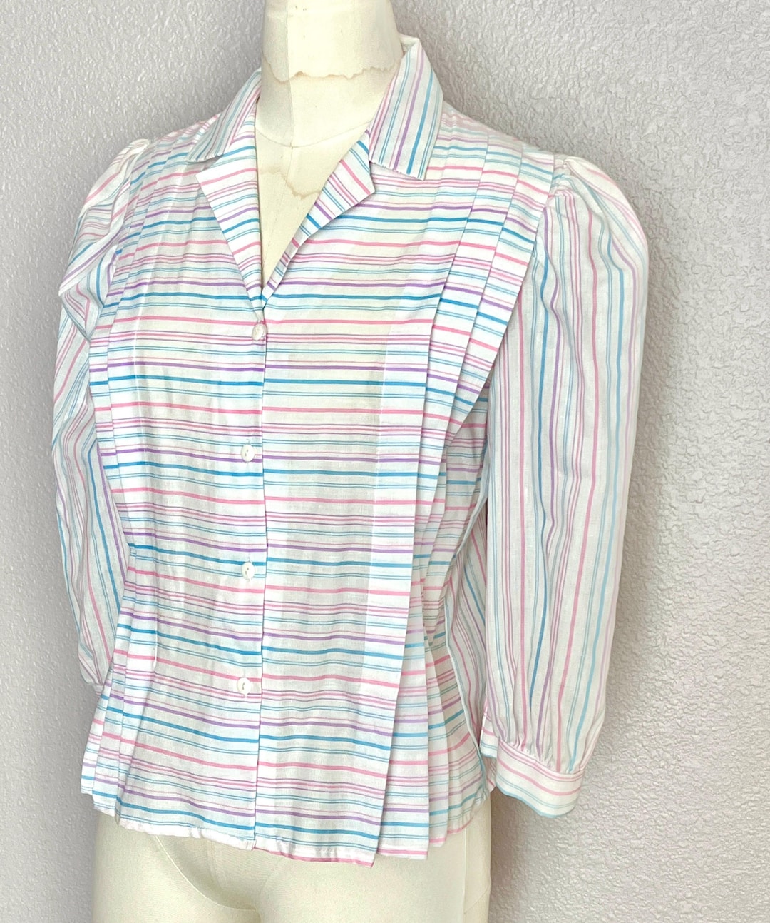 Pleat Front Blouse, Pastel Stripes, Button Down Top, Puff Sleeves ...
