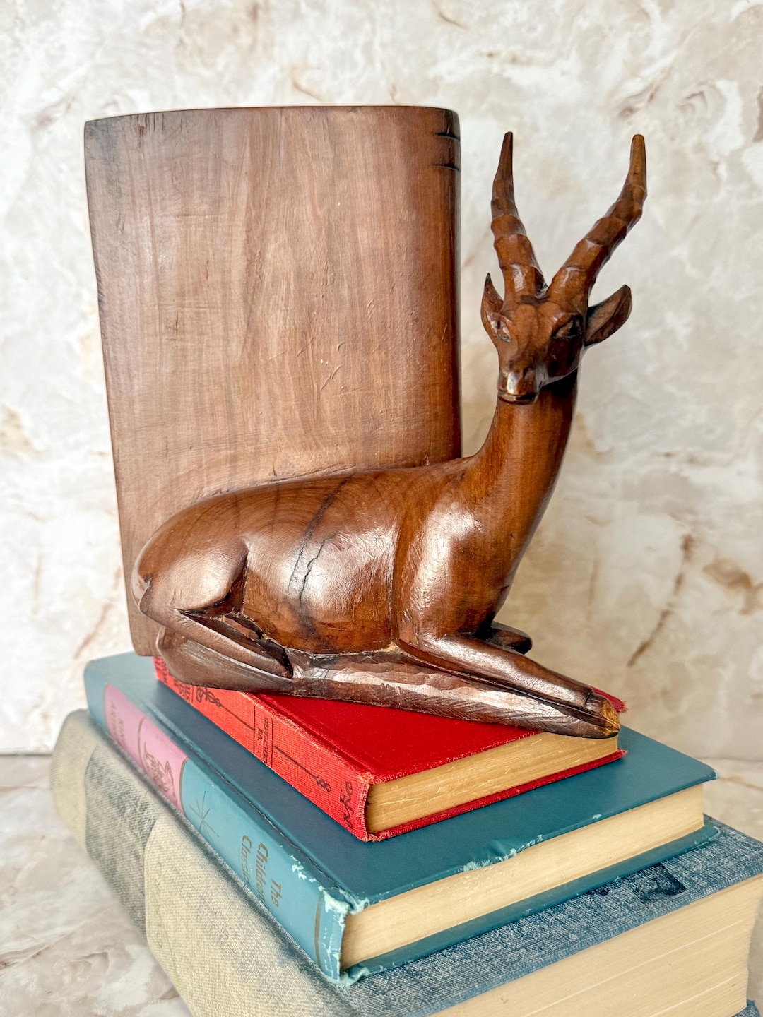 Carved Wood Book End, Antelope, Ibex, Reading Nook, Book Lover, Mid ...
