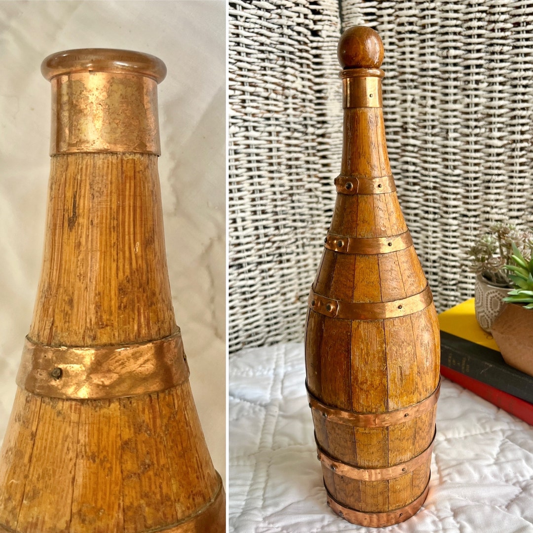 Rustic Copper and Wood Decanter, Bottle With Lid, Vintage Home Decor ...