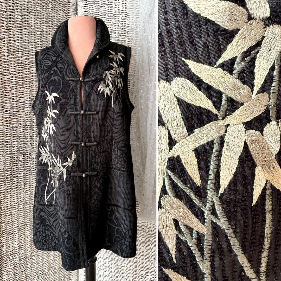 Asian Style Long Vest, Textured Silk, Embroidered Sleeveless Caftan ...