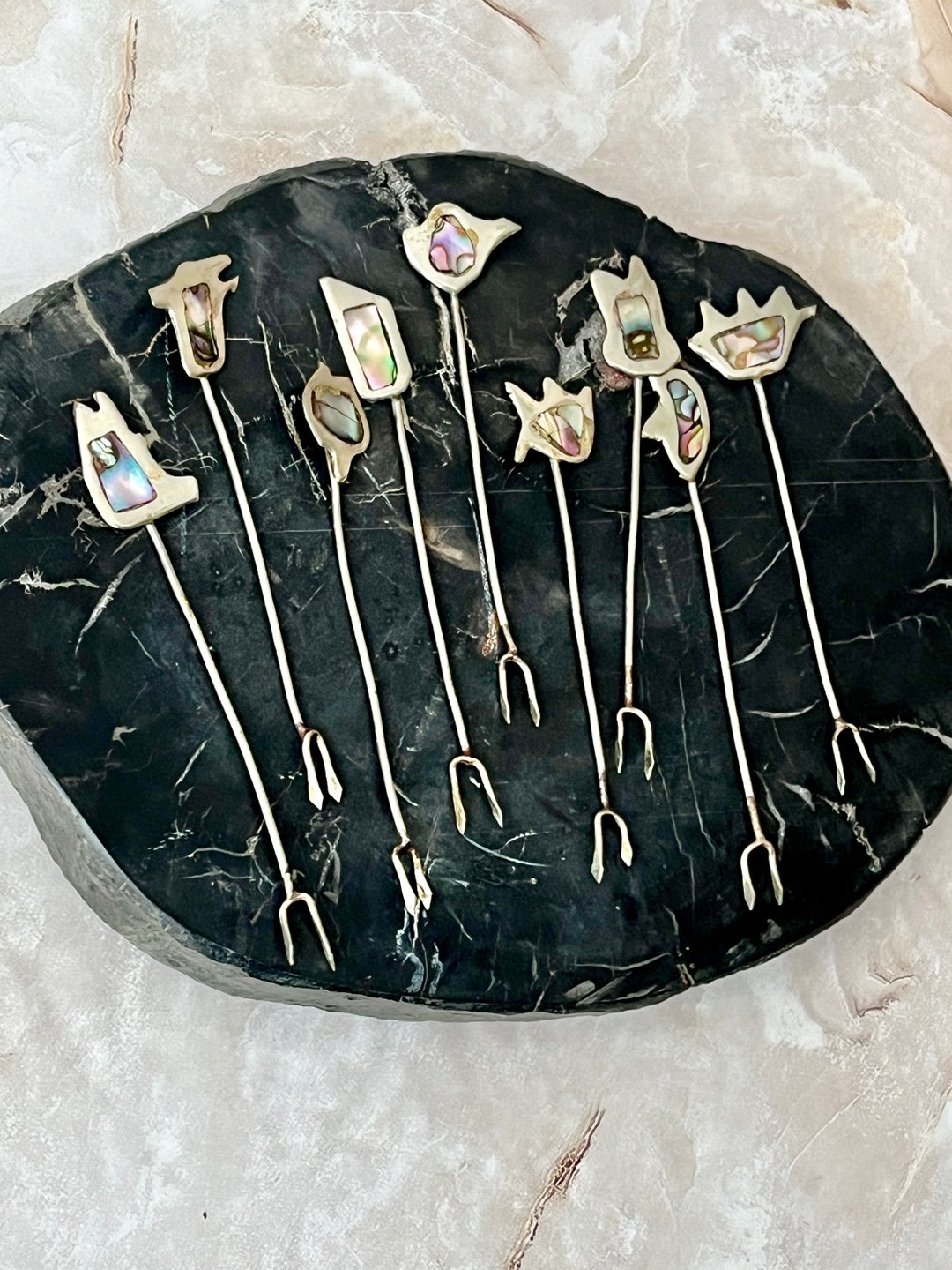 Inlay Abalone Cocktail Forks, Appetizer Hors D’ouevre Set, Abstract ...