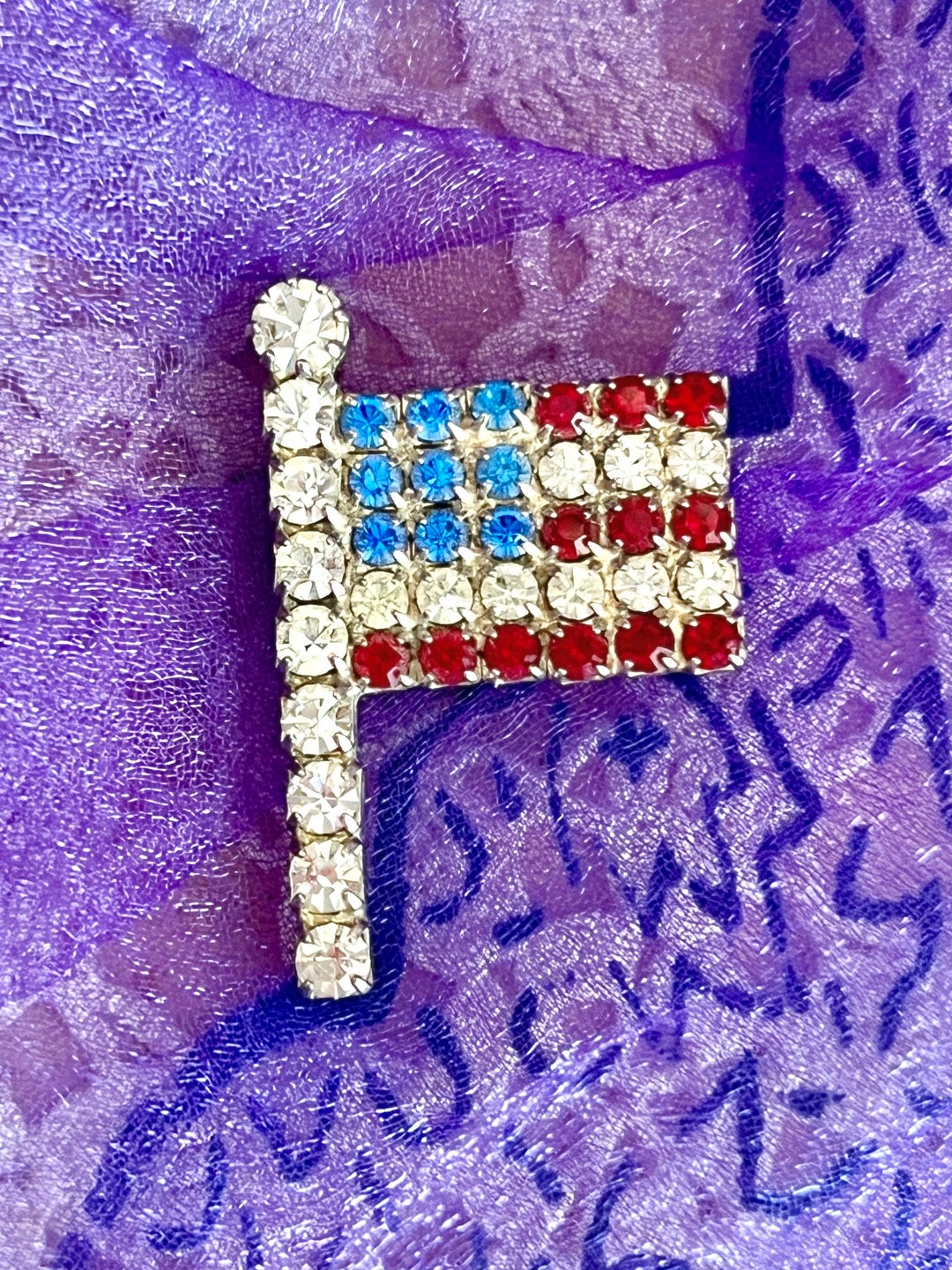 American Flag Brooch, Vintage Rhinestone Stars and Stripes Pin, Small ...