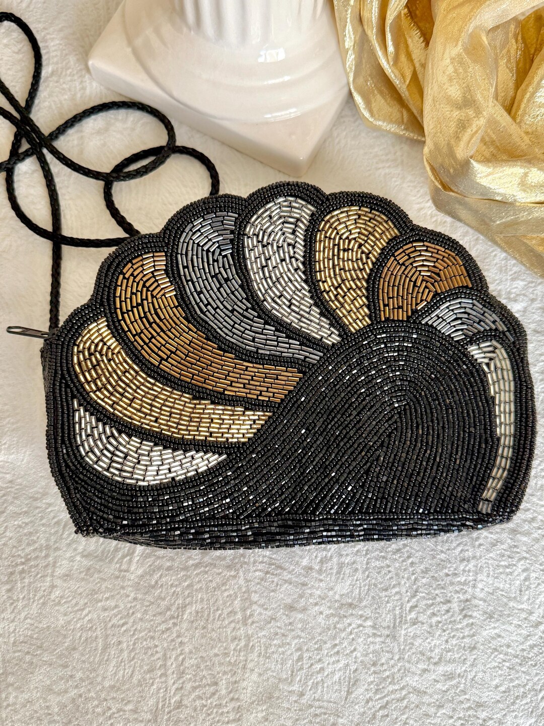 Glam Beaded Clutch, Wave Scalloped Design, Metallic Colors, Crossbody ...