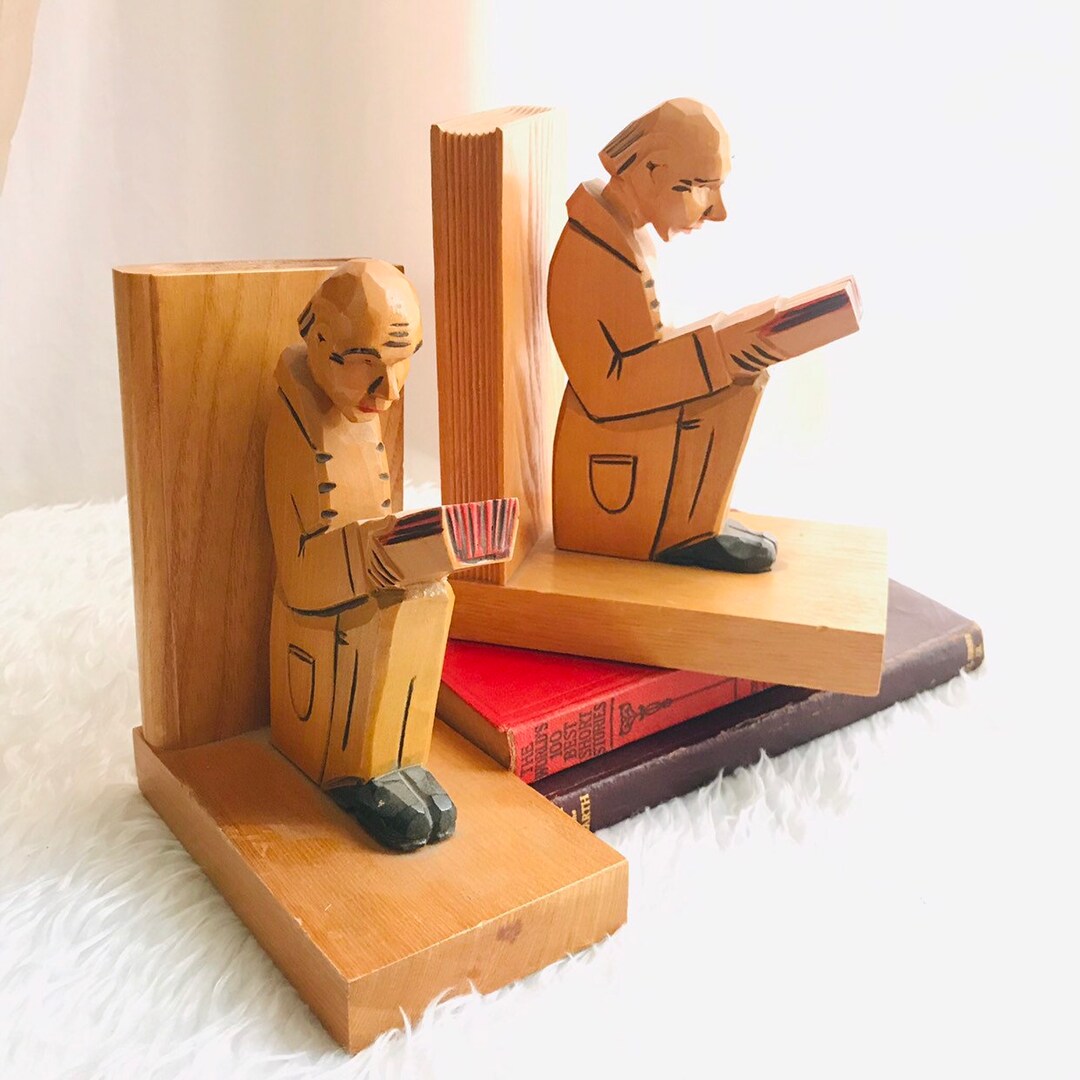 Vintage Carved Wood Bookends: Mid-century Reading Man, Set of 2 - Etsy