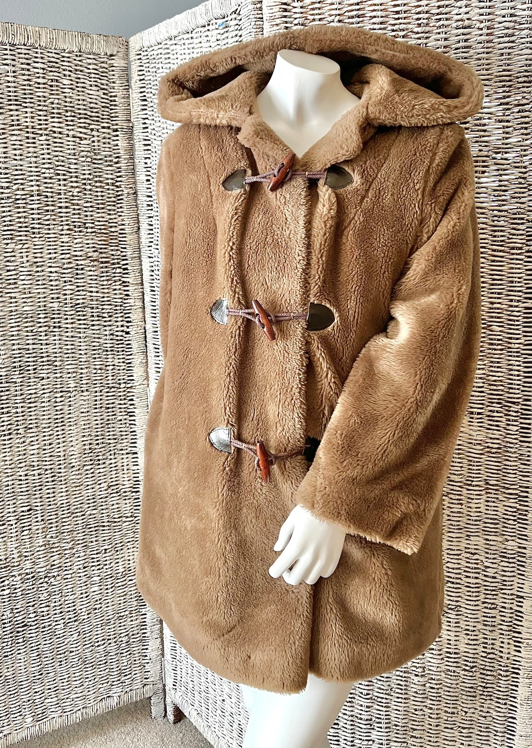 FABULOUS Faux Fur Coat, Hood Jacket, Wood Toggle Buttons, Sears Fashions, Vintage 60s 70s - Etsy