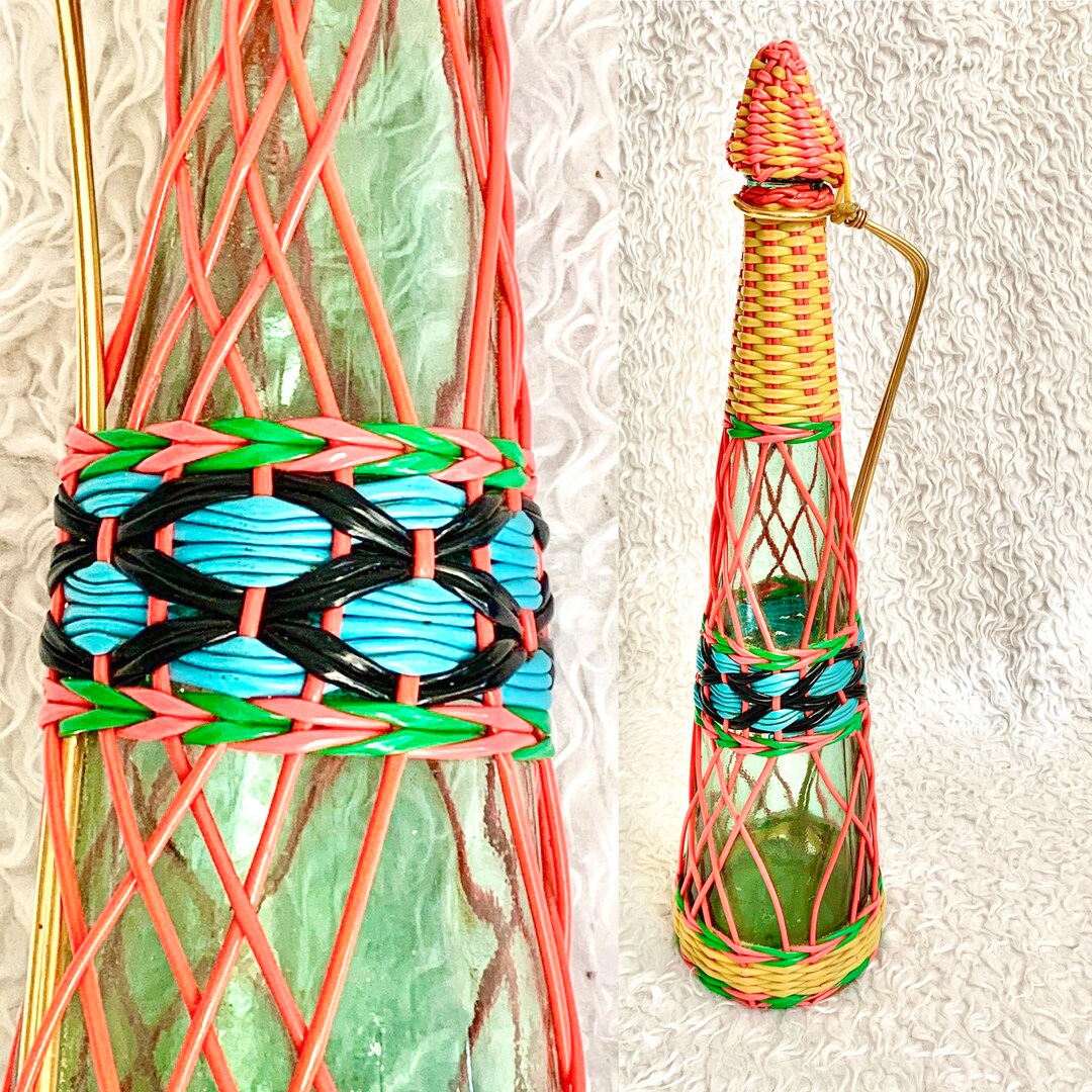 Vintage Tall Glass Carafe: Atomic Neon Woven Cover, Mid Century Barware ...