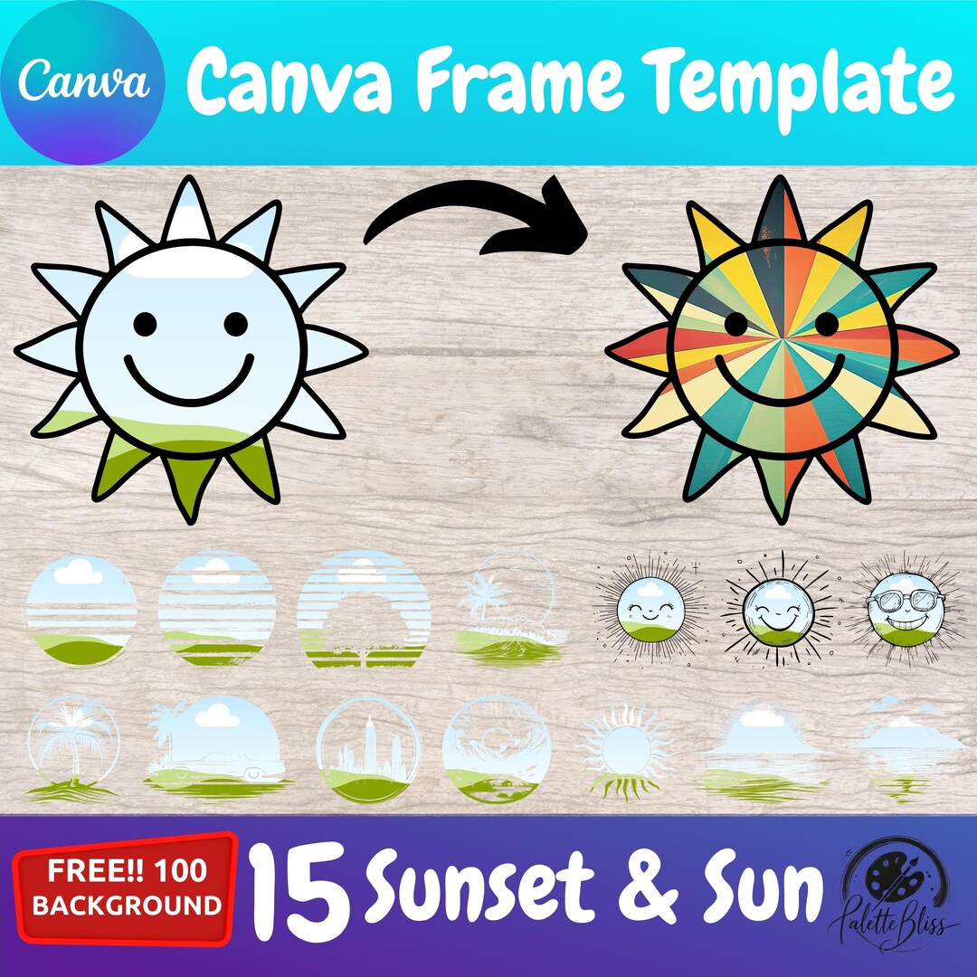 Sunset Canva Frame Template Digital Sun Clipart Editable Sublimation ...