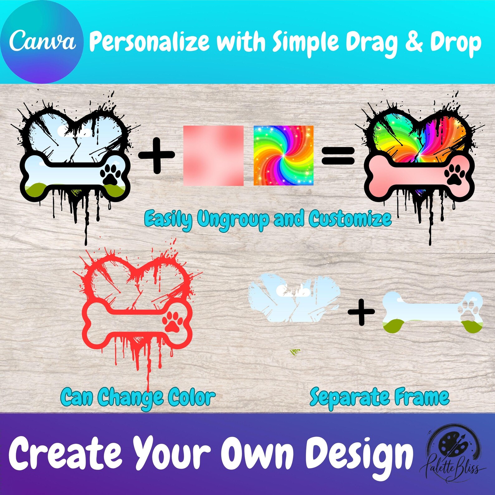 Heart Dog Bone Paw Canva Frame Template Pet Photo Clipart Sublimation ...