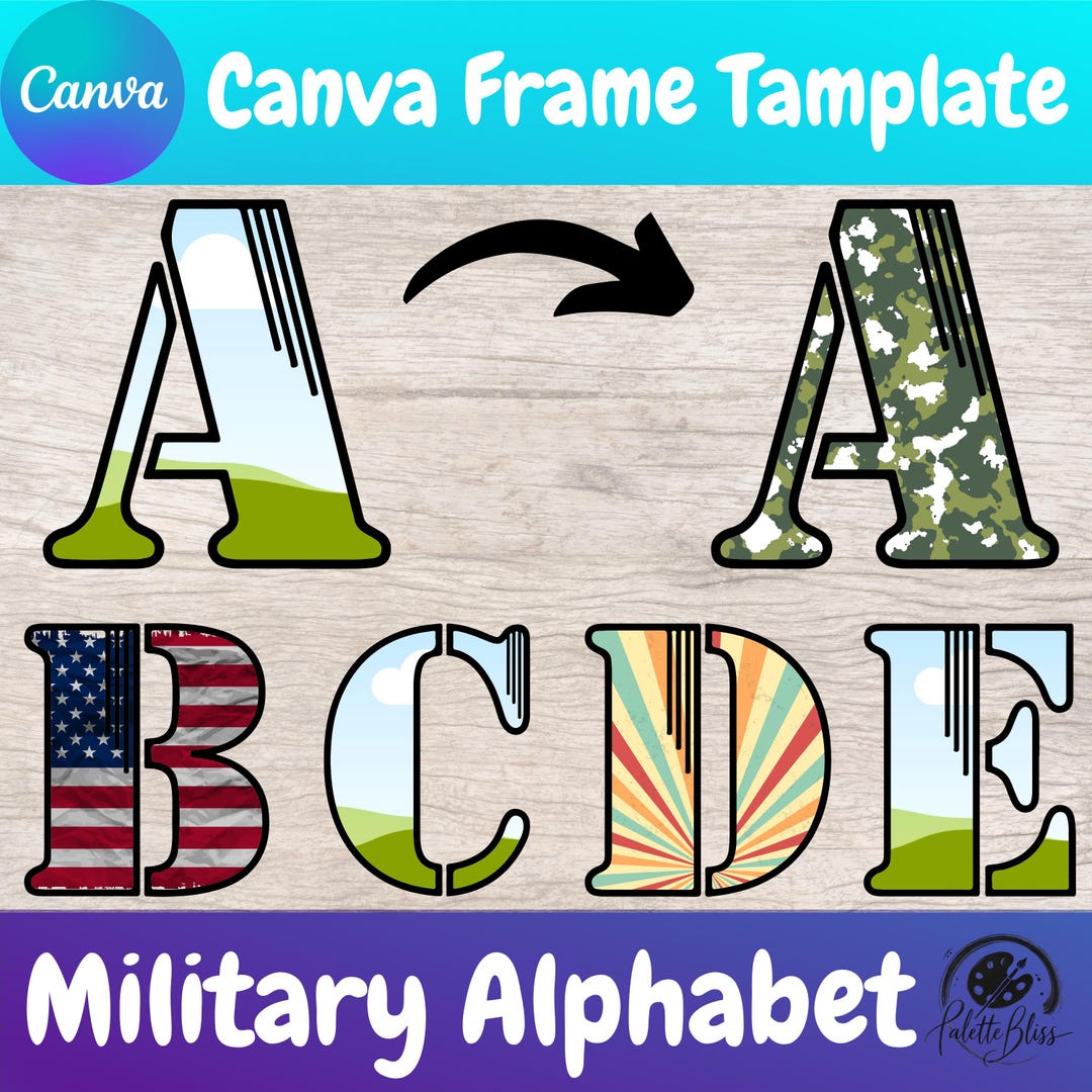 Military Alphabet Canva Frame Template Editable Custom Fillable Army ...