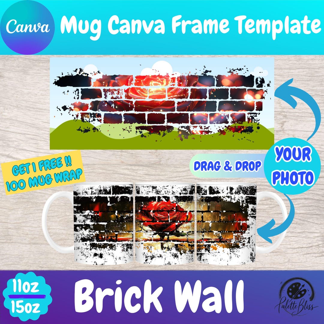 Brick Wall Mug Wrap Canva Frame Template for 11oz 15oz Mugs Sublimation ...