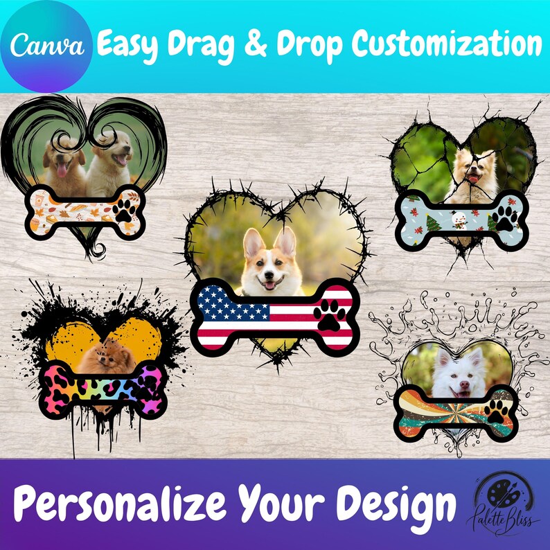 Heart Dog Bone Paw Canva Frame Template Pet Photo Clipart Sublimation ...