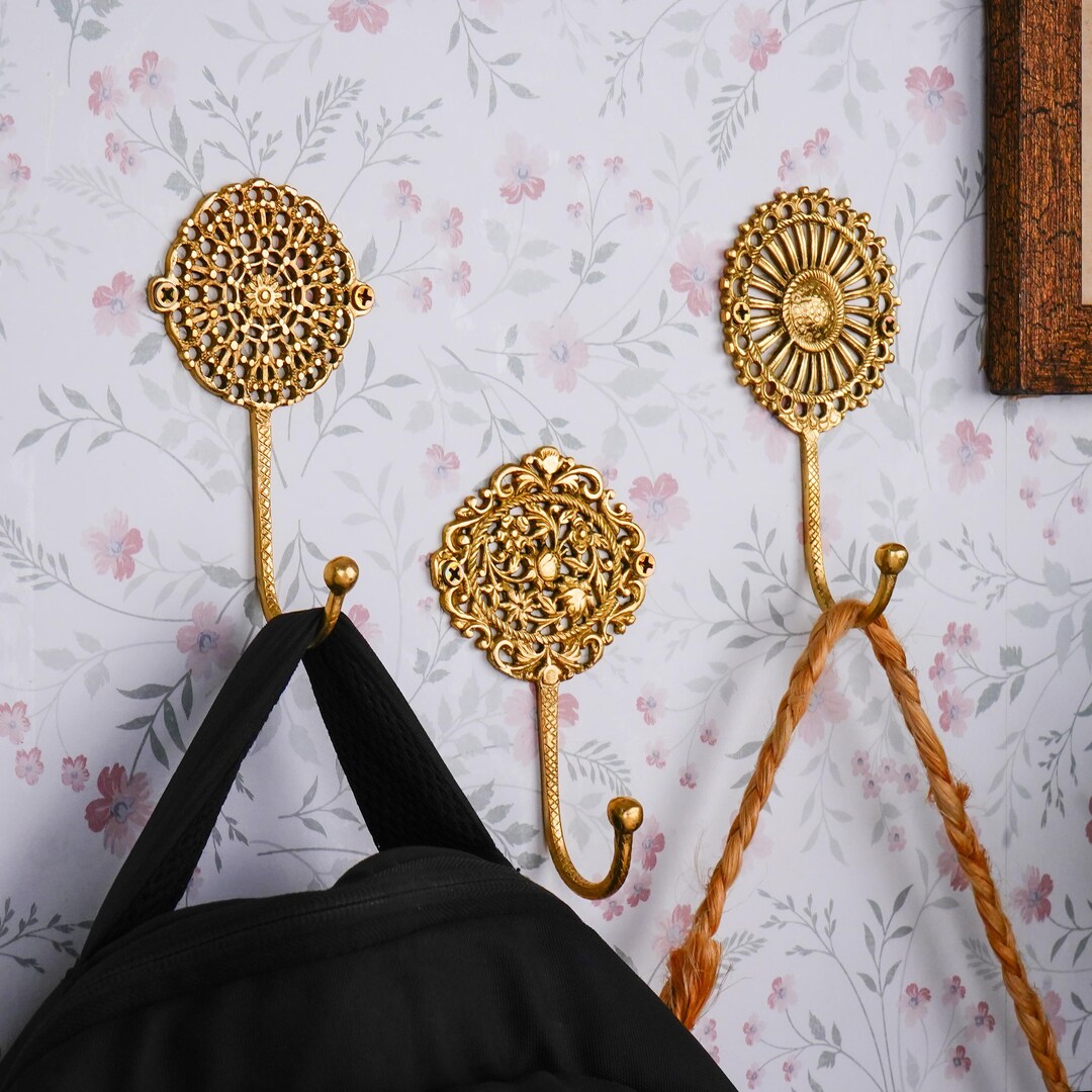 Set of 3 Handmade Brass Wall Hooks | Vintage Gold Coat Hooks ...