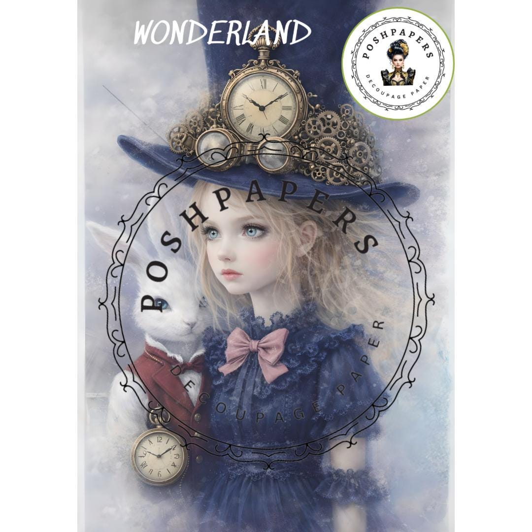 Alice Blue Hat Rabbit Large Format Decoupage Paper, Furniture Art ...
