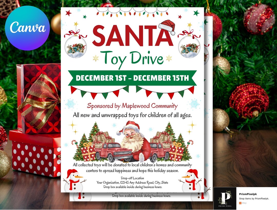 Editable Santa Toy Drive Flyer: Christmas Charity Event (canva Template ...