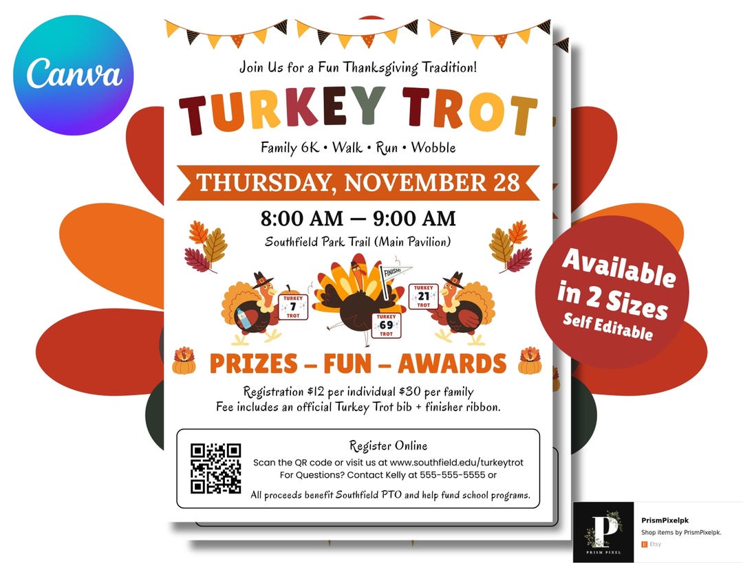Editable Turkey Trot Flyer Template | Thanksgiving 5K Run Invite (canva ...