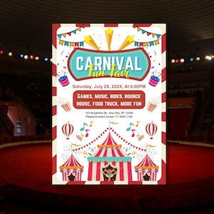 Editable Carnival Fun Fair Flyer | Cream & Red Canva Template ...