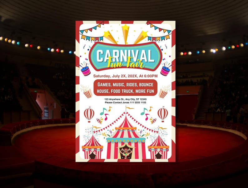 Carnival Fun Fair Flyer: Cream & Red Circus Party Template (digital ...
